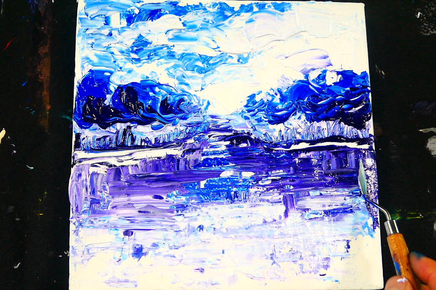 Creating blue tree line landscape painting using only pallet knife ...