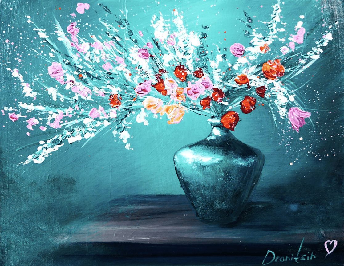 Flowers in Beautiful Green Vase - UrArtStudio