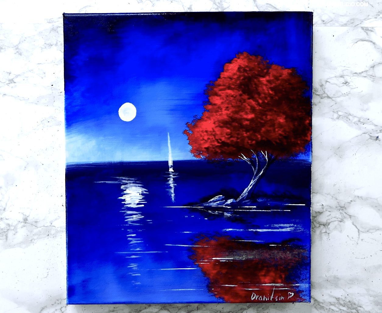 RED TREE WHITE BOAT - UrArtStudio