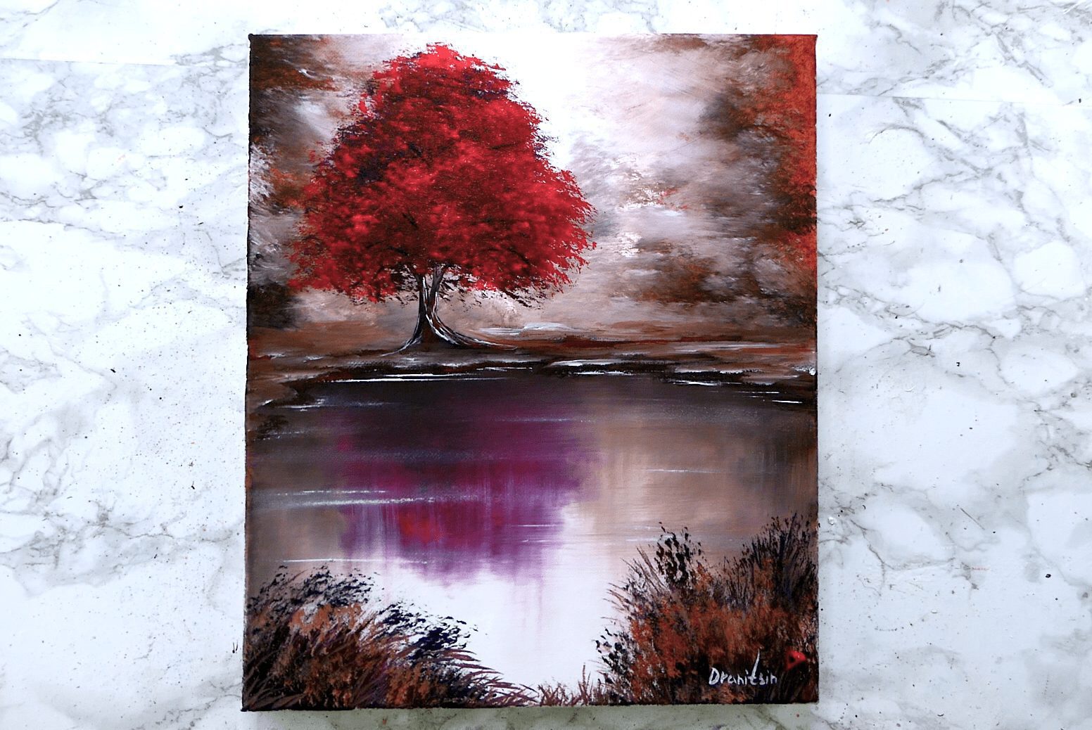 RED TREE BY THE LAKE - UrArtStudio