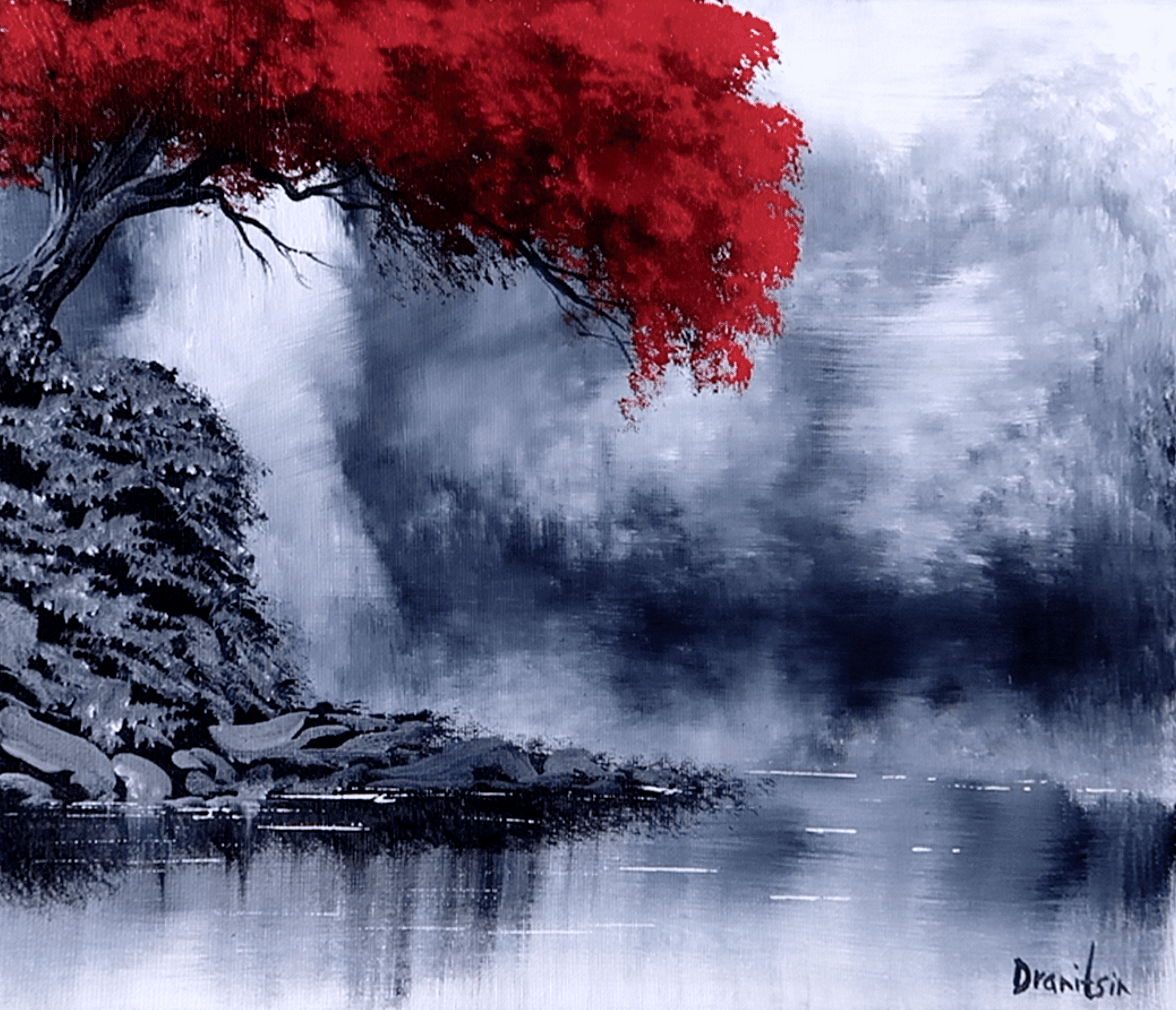 red tree black white waterfall easy landscape painting by urartstudio 1 ...