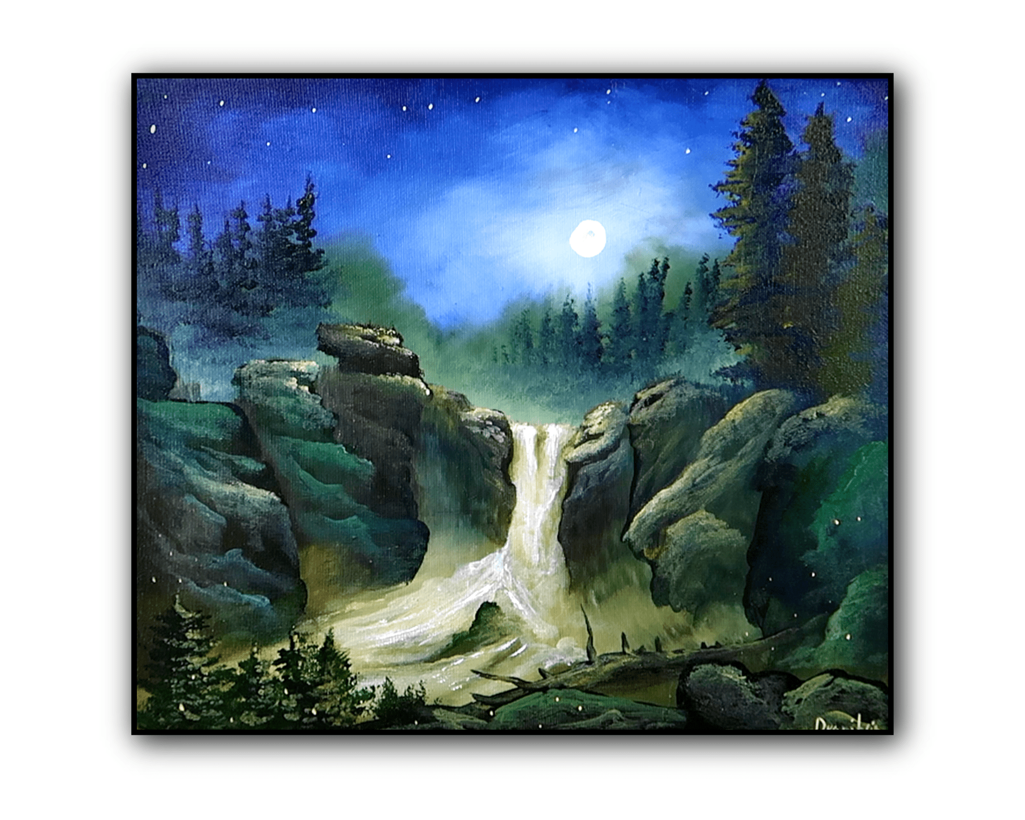 Moonlight Waterfall in the Night Forest - UrArtStudio