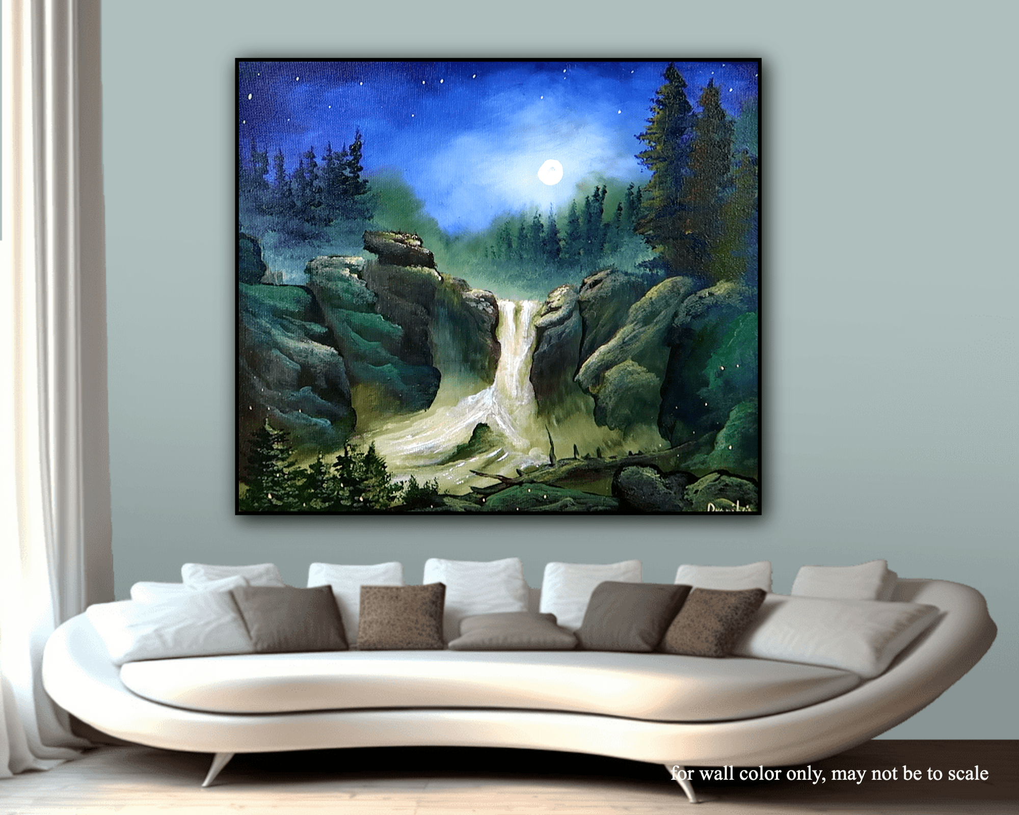 Moonlight Waterfall in the Night Forest | Landscape Art | Oval Brush ...