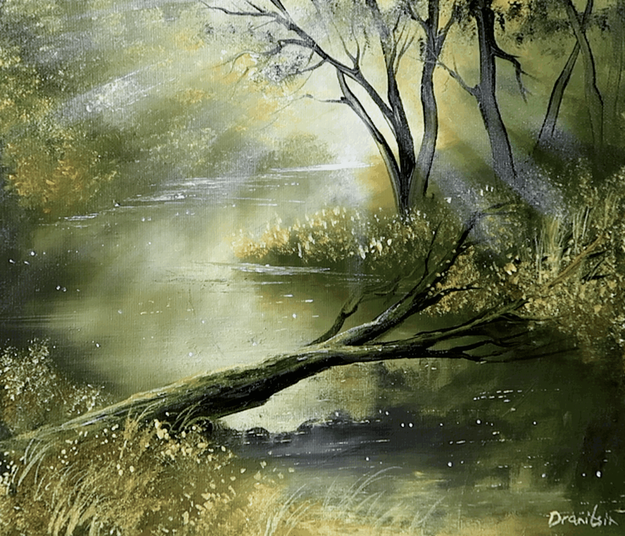 How to paint FALLEN TREE over the river in sunlight | Acrylics | Oval ...